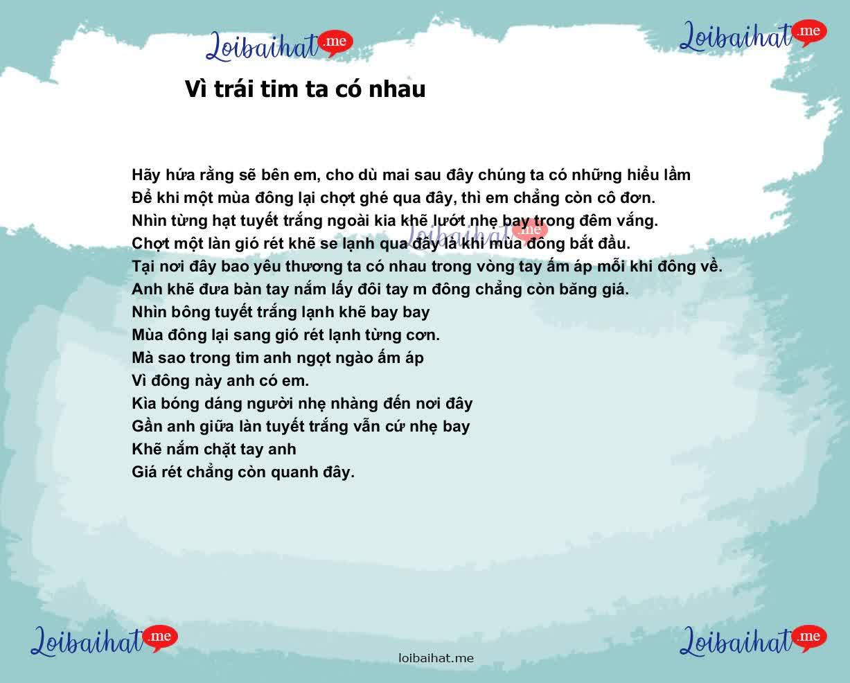Lời bài hát Vì trái tim ta có nhau